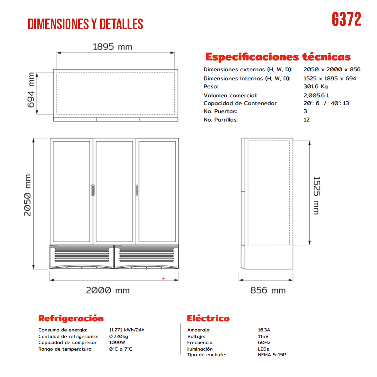 REFRIGERADOR VERTICAL EXHIBIDOR 3 PUERTAS 72 PIES