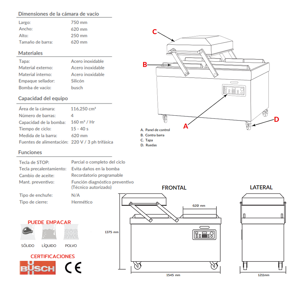 EMPACADORA AL VACÍO 4 BARRAS SELLADORAS 62 CM