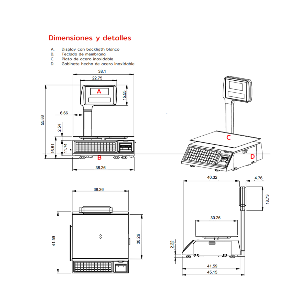 BÁSCULA ETIQUETADORA 20 KG ACERO INOXIDABLE CON TORRETA